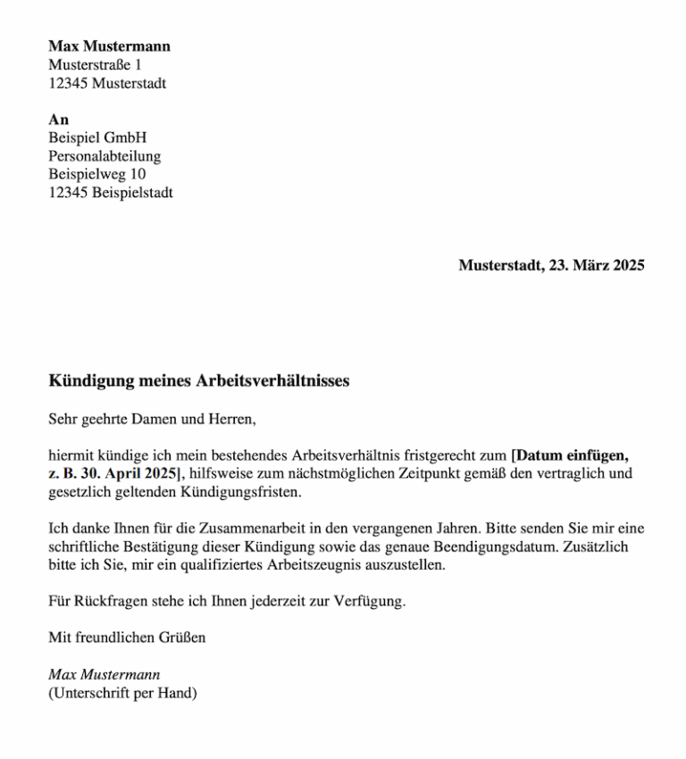 Kündigung Arbeitsvertrag PDF: Gratis Download (inkl. Generator ...